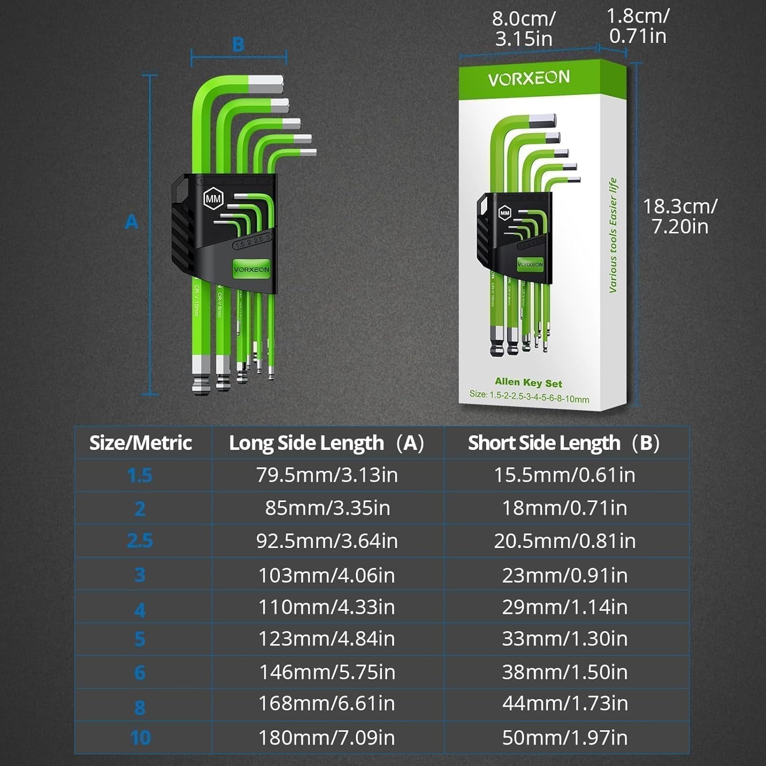 FUGee-9 PCS Green Allen Wrench Hex Key Set 1.5-10 mm Metric Flat and ...