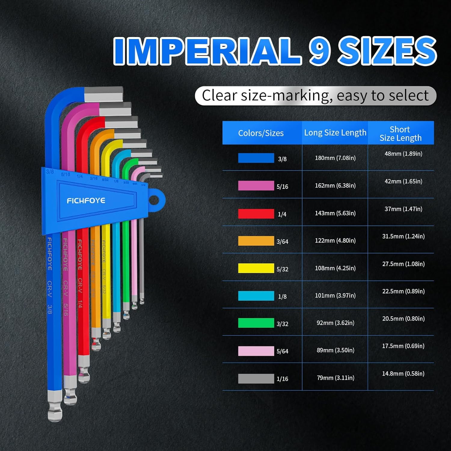 FUGee-9PCS Imperial Allen Key Set, Color Coded SAE Hex Key, 1/16-3/8 ...