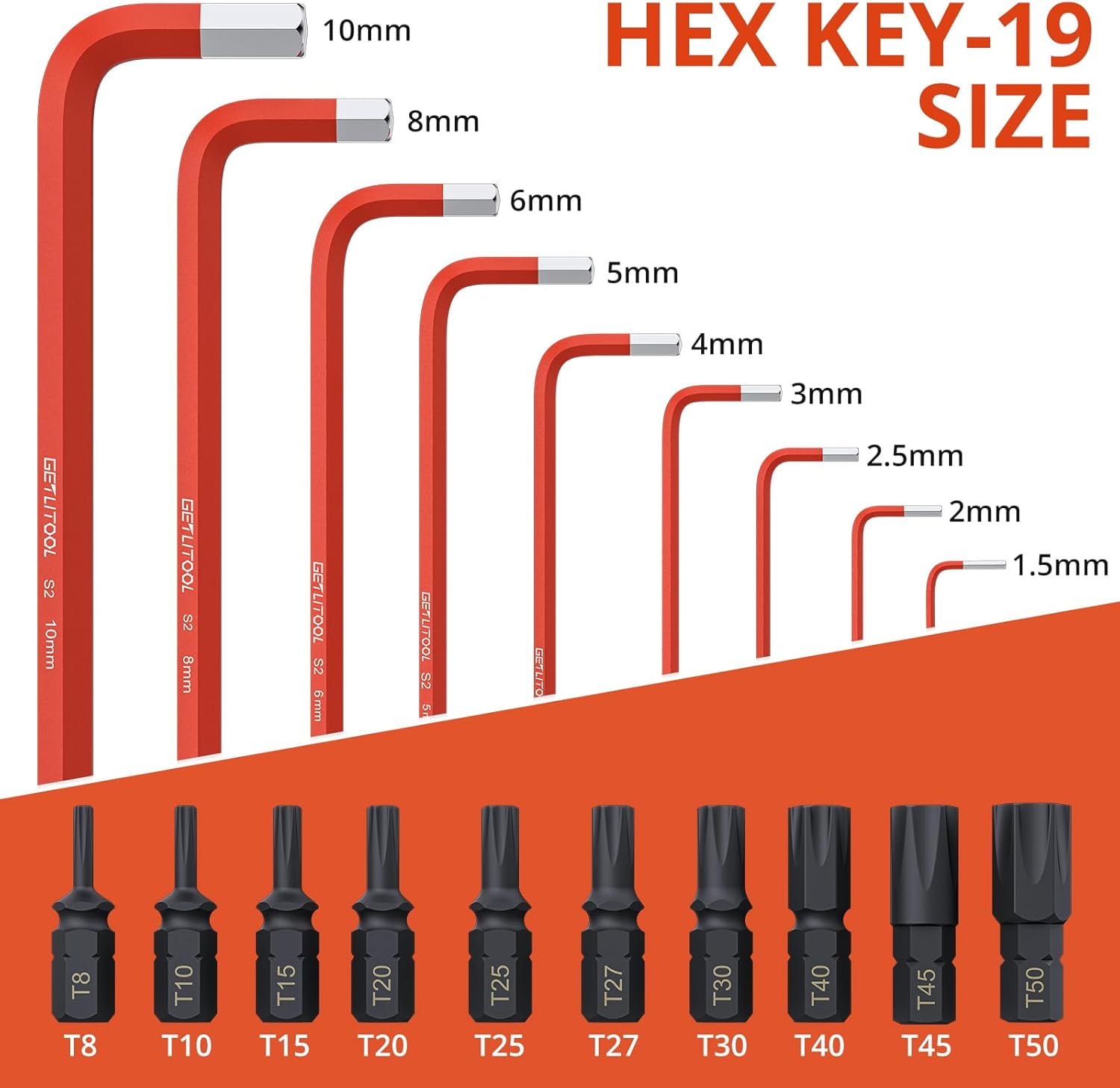 FUGee-Allen Key Set with Torx Bits (T8-T50 & 1.5-10mm), 9 PCS S2 Steel ...