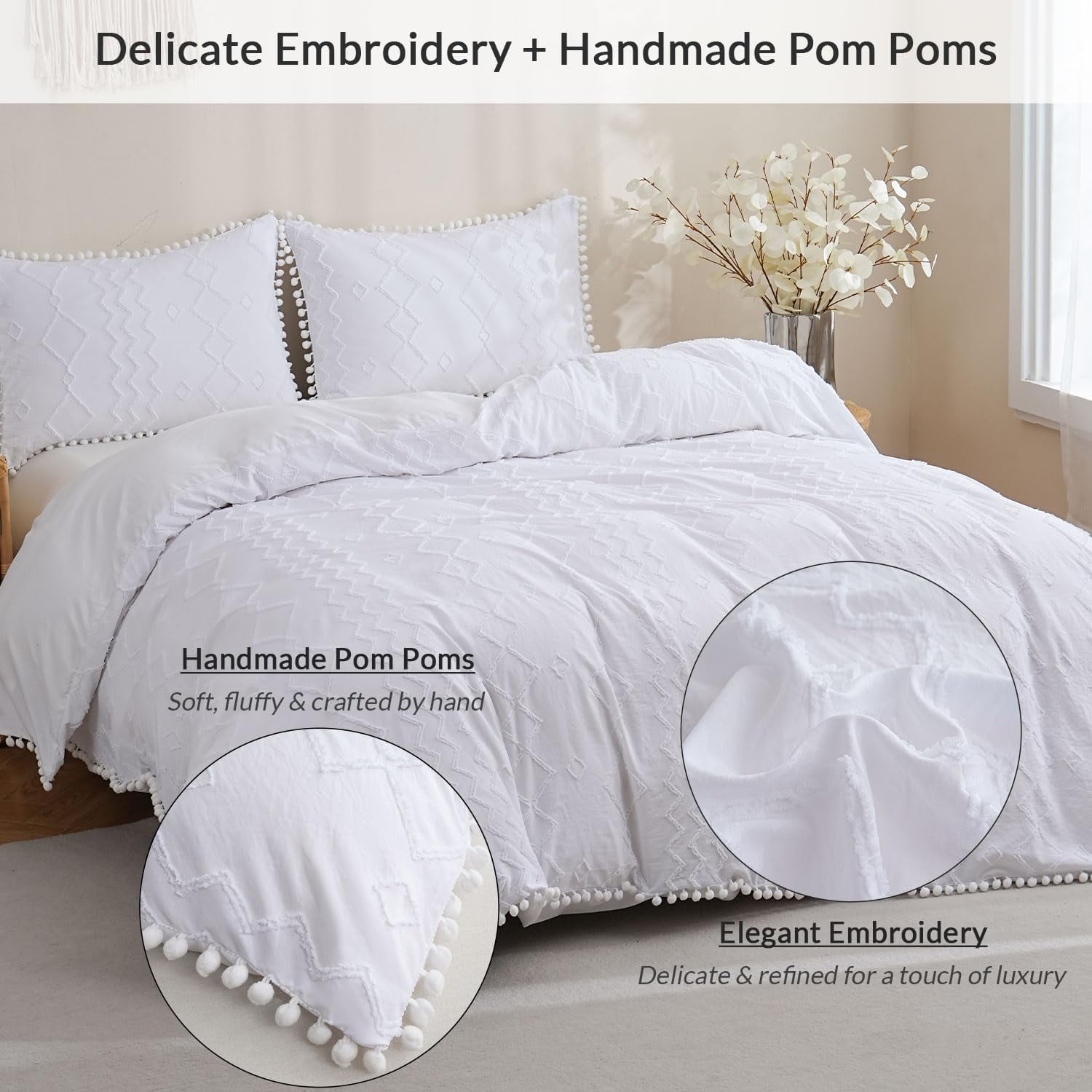 FUGee-Boho Duvet Cover Queen, Tufted 3-Piece White Pom Pom Fringe ...