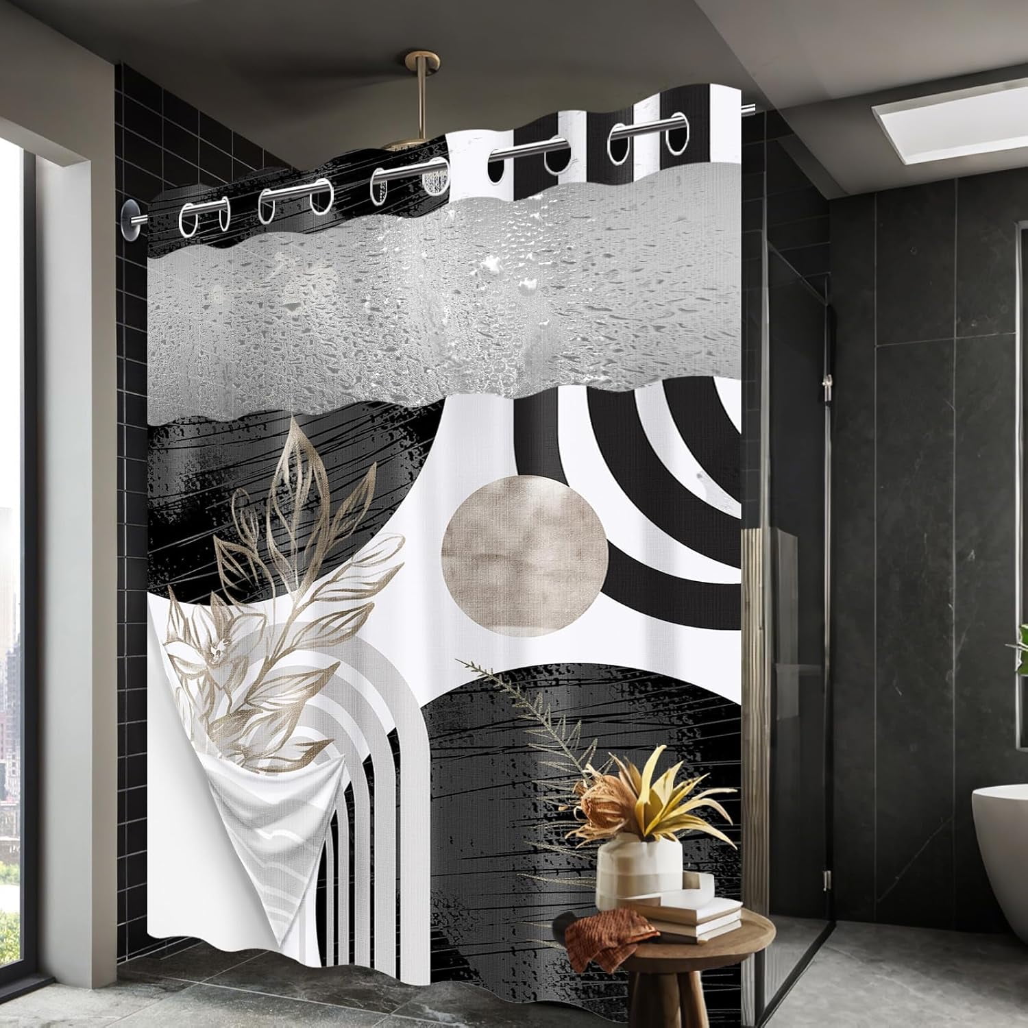 FUGee-Boho Mid Century Modern Hookless Shower Curtain with Snap in ...