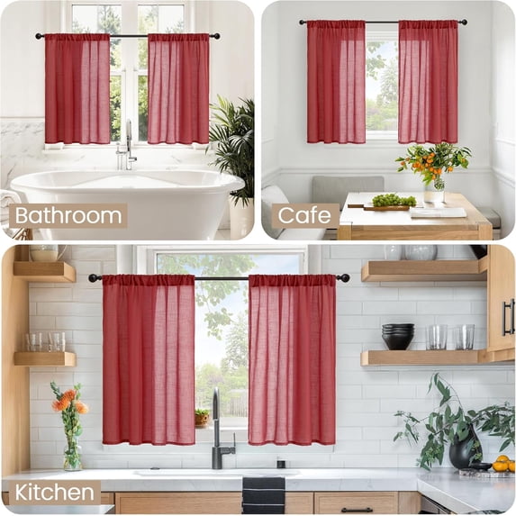FUGee-Burgundy Linen Cafe Curtains 36 Inch Length, Small Half Drapes ...