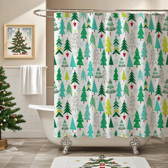 FUGee-Christmas Tree Shower Curtain Green XmasTree White Snowflake ...