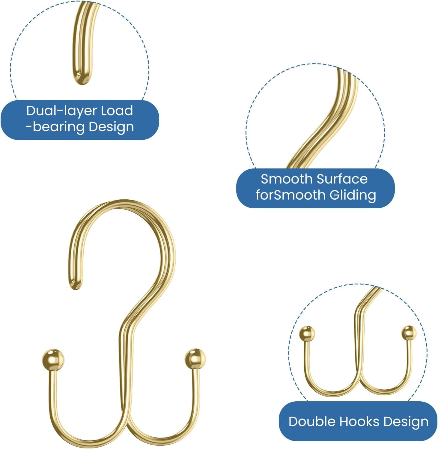 FUGee-Gold Shower Curtain Hooks Double Sided,Rust Proof Double Shower ...