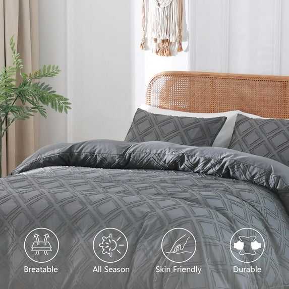FUGee-Grey Duvet Cover Set Queen Size, 3 Pcs Soft Washed Microfiber ...