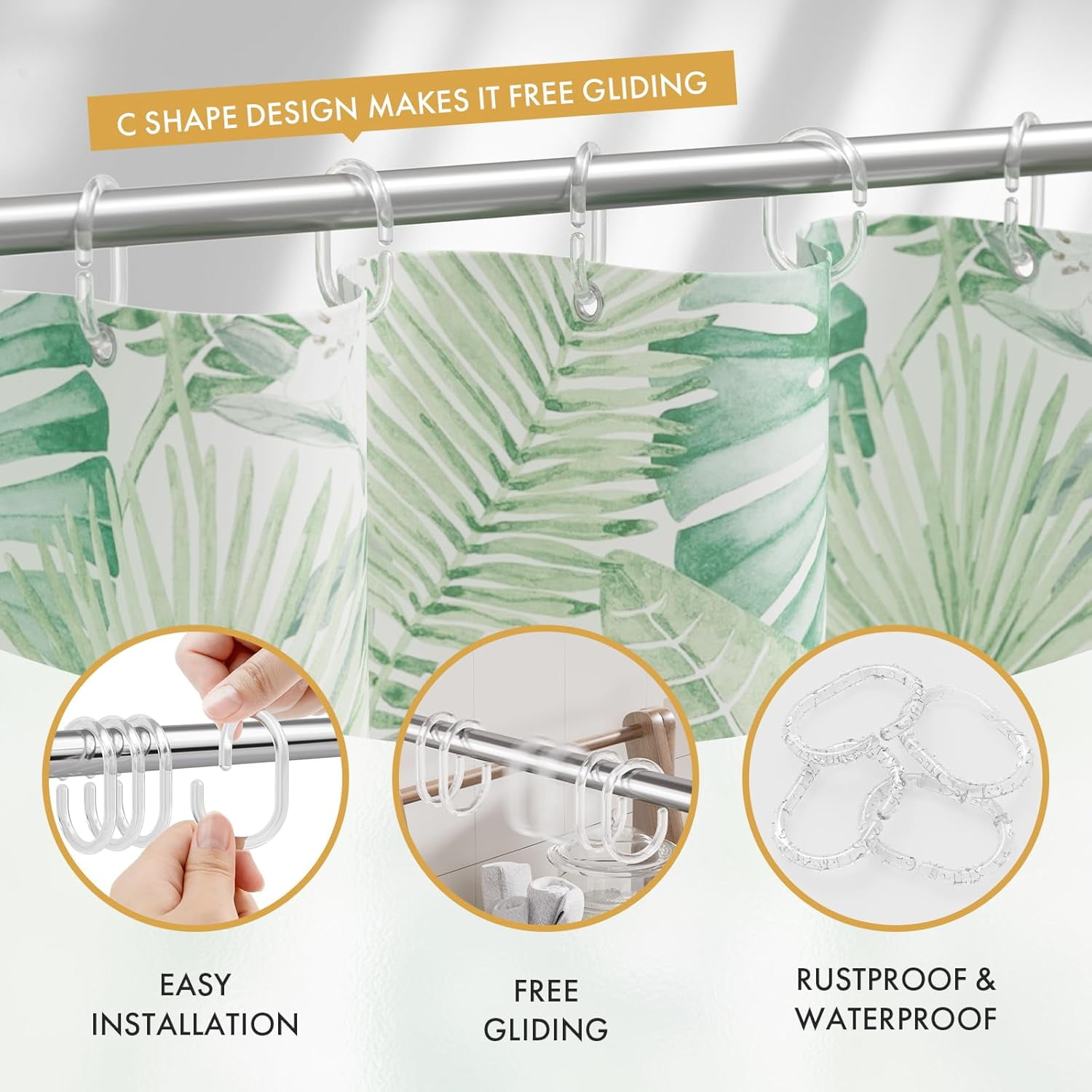 FUGee-Grey Shower Curtain Hooks Rings, 24 Pcs Plastic Shower Curtain ...