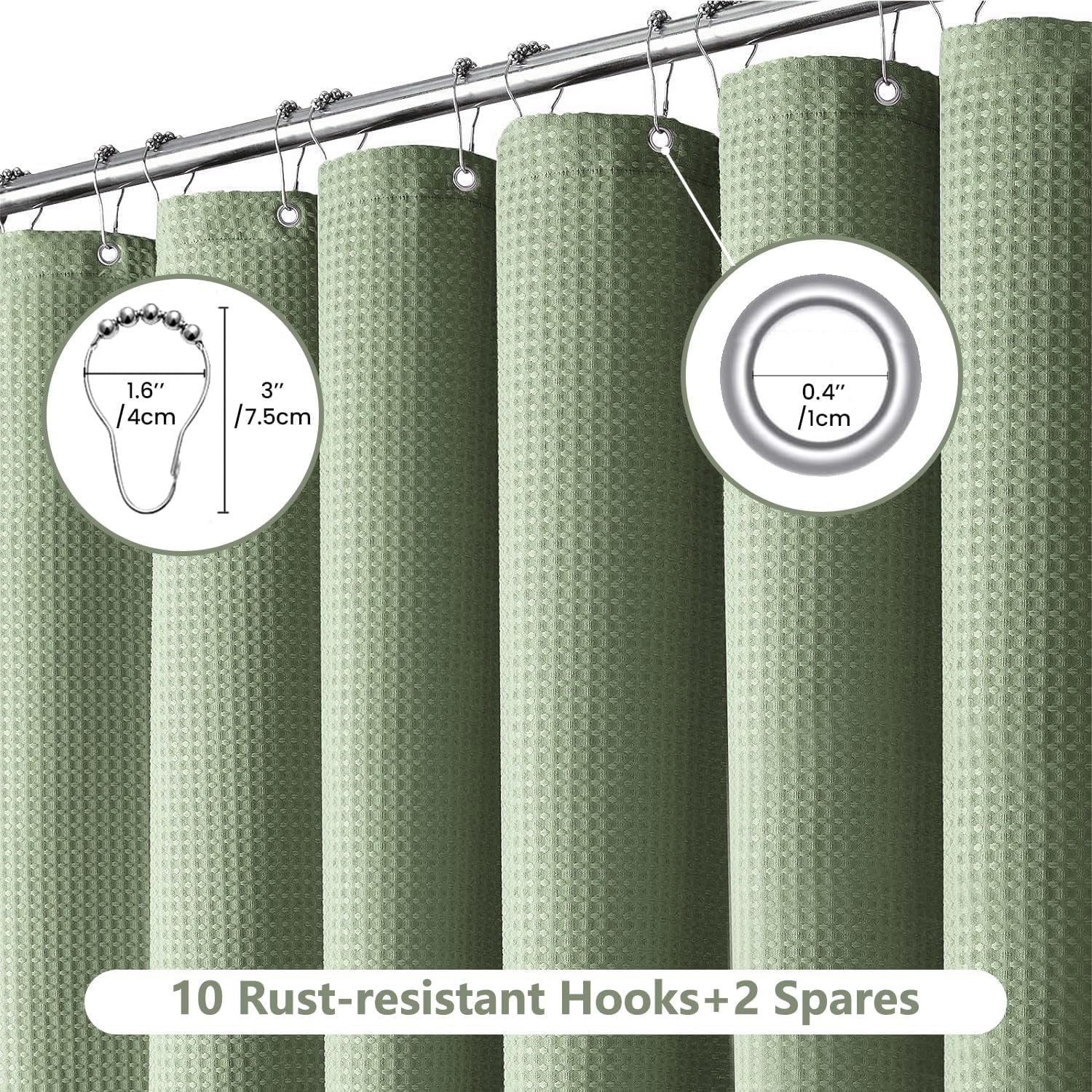 FUGee-Inhousolu Fabric Shower Curtain Waffle Weave, Sage Green 230 GSM ...