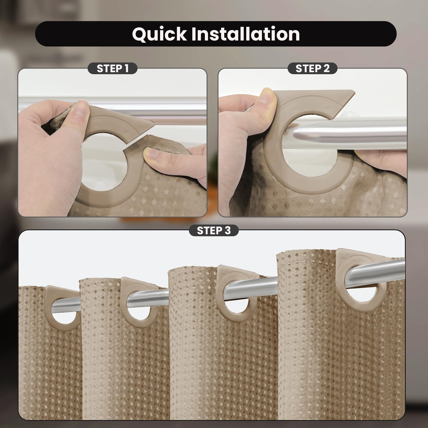 FUGee-Inhousolu No Hook Waffle Weave Shower Curtain with Removable Snap ...