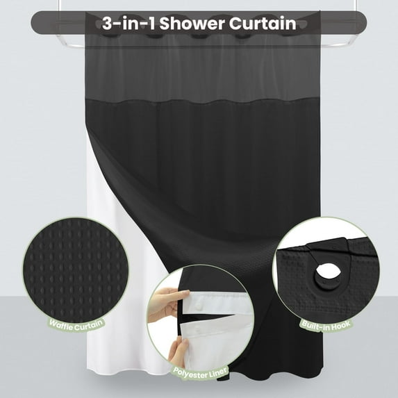 FUGee-Inhousolu Long No Hook Shower Curtain with Snap in Fabric Liner ...