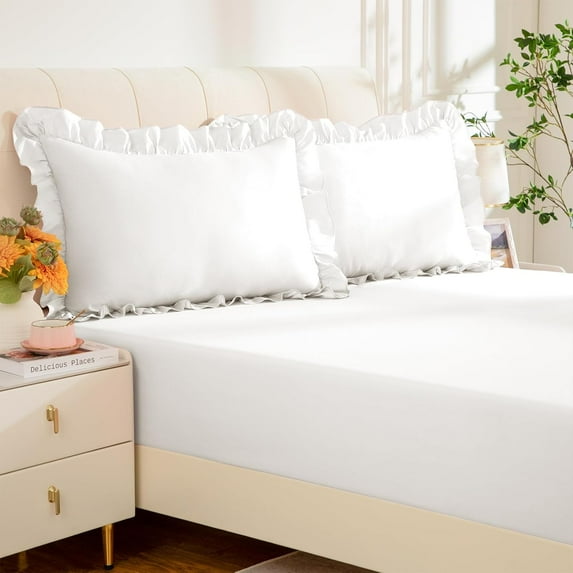 FUGee-King Fitted Bed Sheets with 2 Ruffle Pillowcases, Brushed ...
