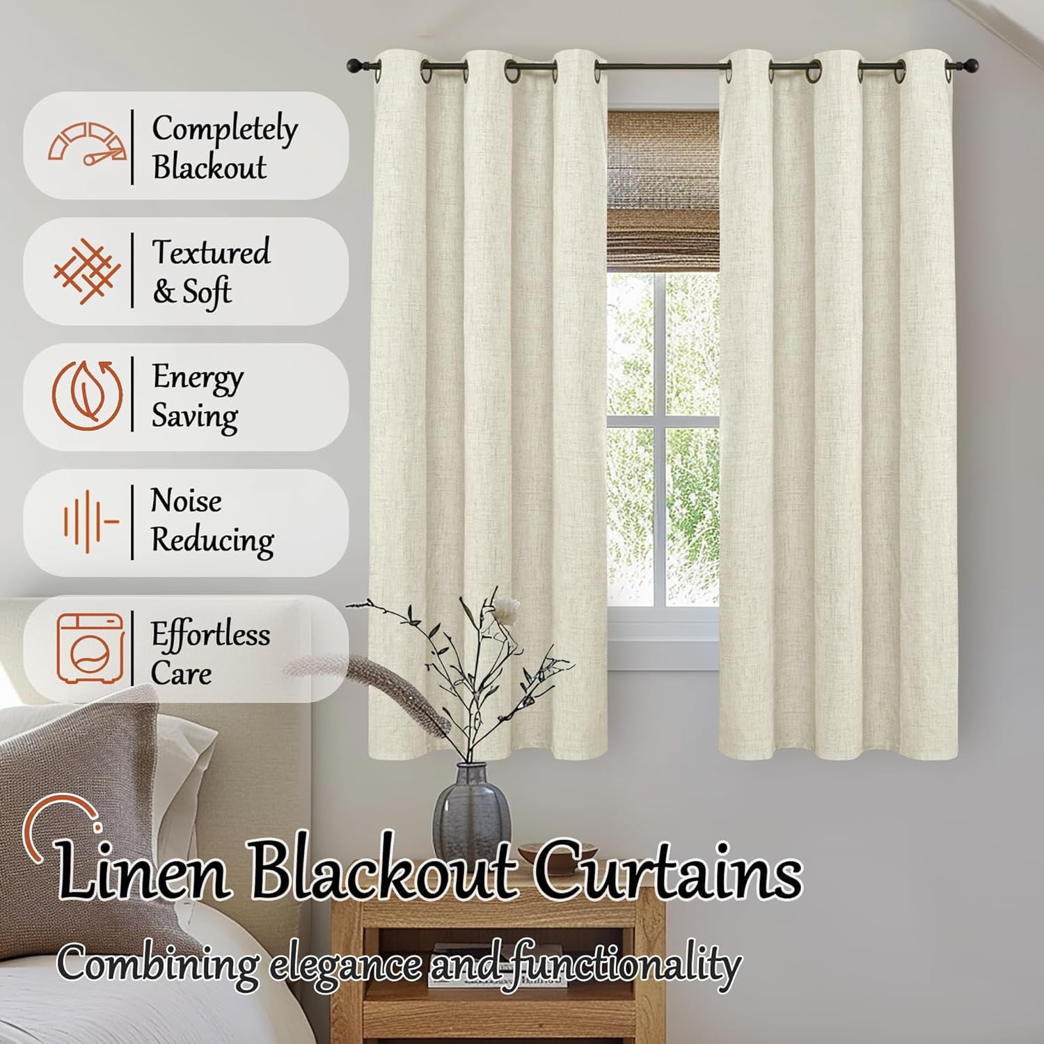 FUGee-Linen Blackout Curtains for Bedroom Narrow Window, Thermal ...