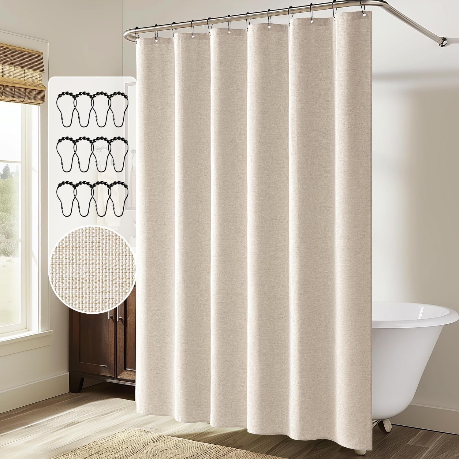 FUGee-Linen Shower Curtain with 12 Metal Hooks Modern Heavy Duty ...