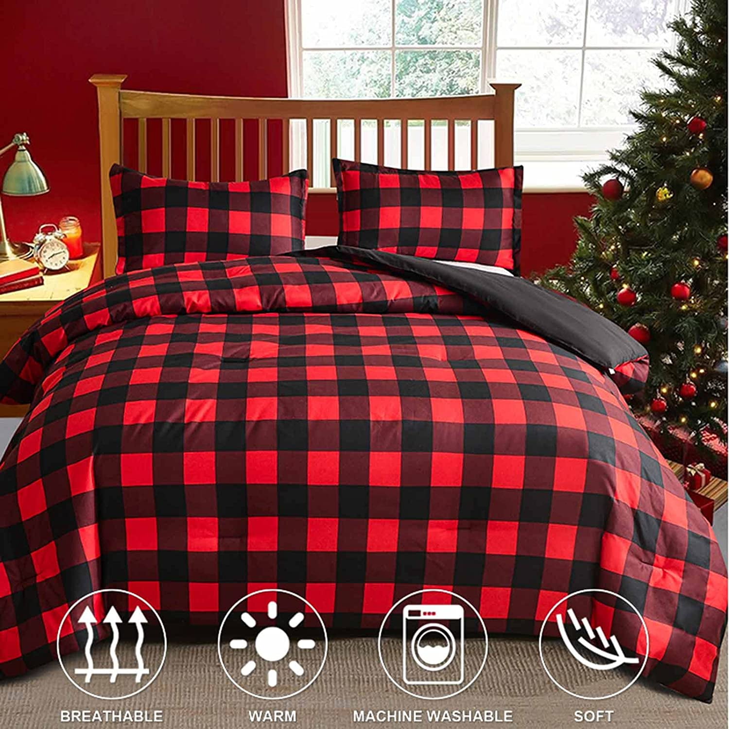 FUGee-Merry Christmas Queen Size Duvet Cover, Red and Black Grid Plaid ...