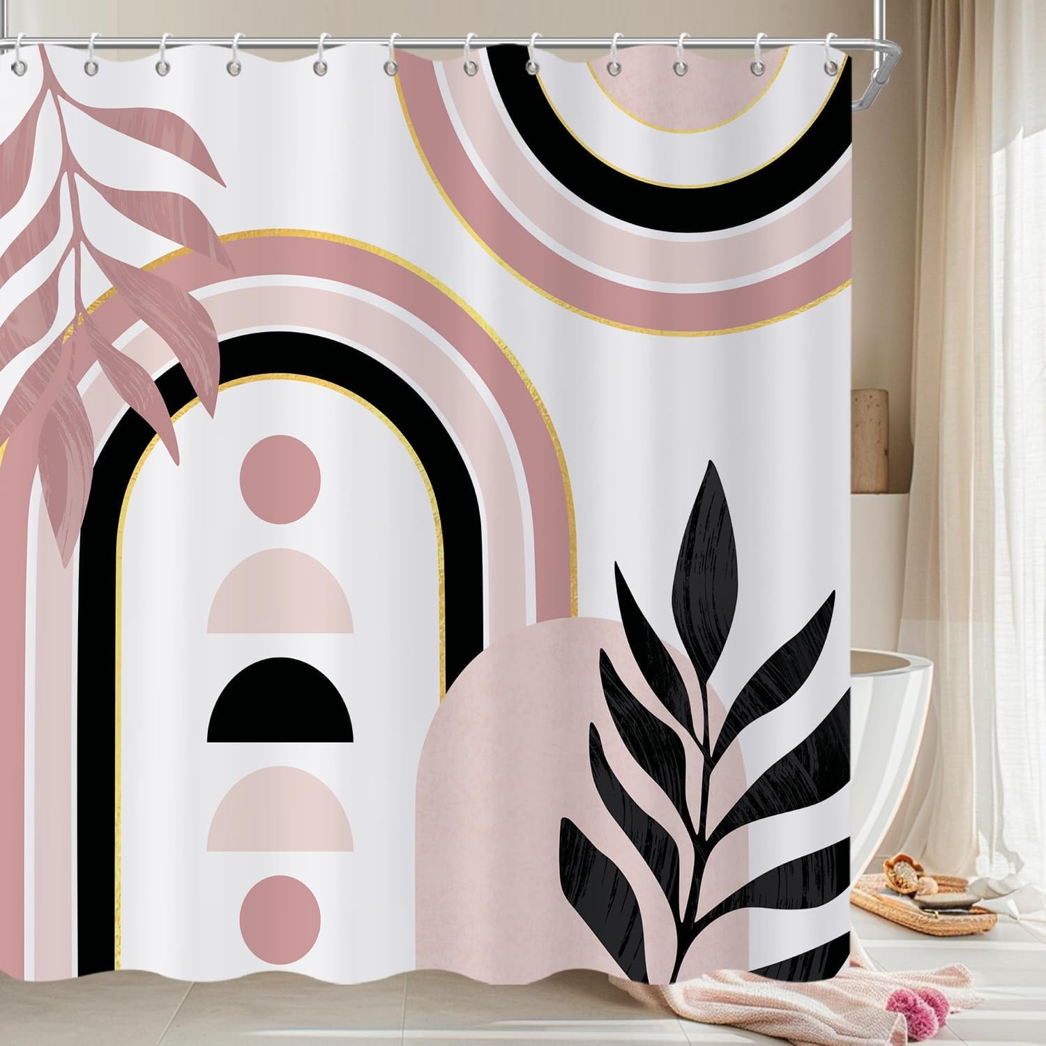 FUGee-Mid Century Boho Shower Curtain, Green White Gold Abstract Modern ...