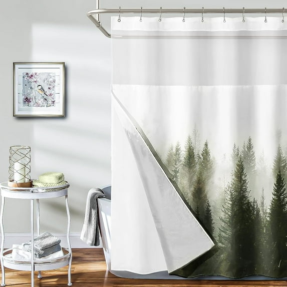 FUGee-Misty Forest Shower Curtain with Liner for Bathroom, Dark Green ...