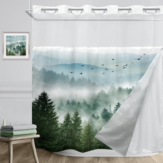 FUGee-Mountain Shower Curtain 60Wx72H Inch Blue Foggy Nature Scenery ...