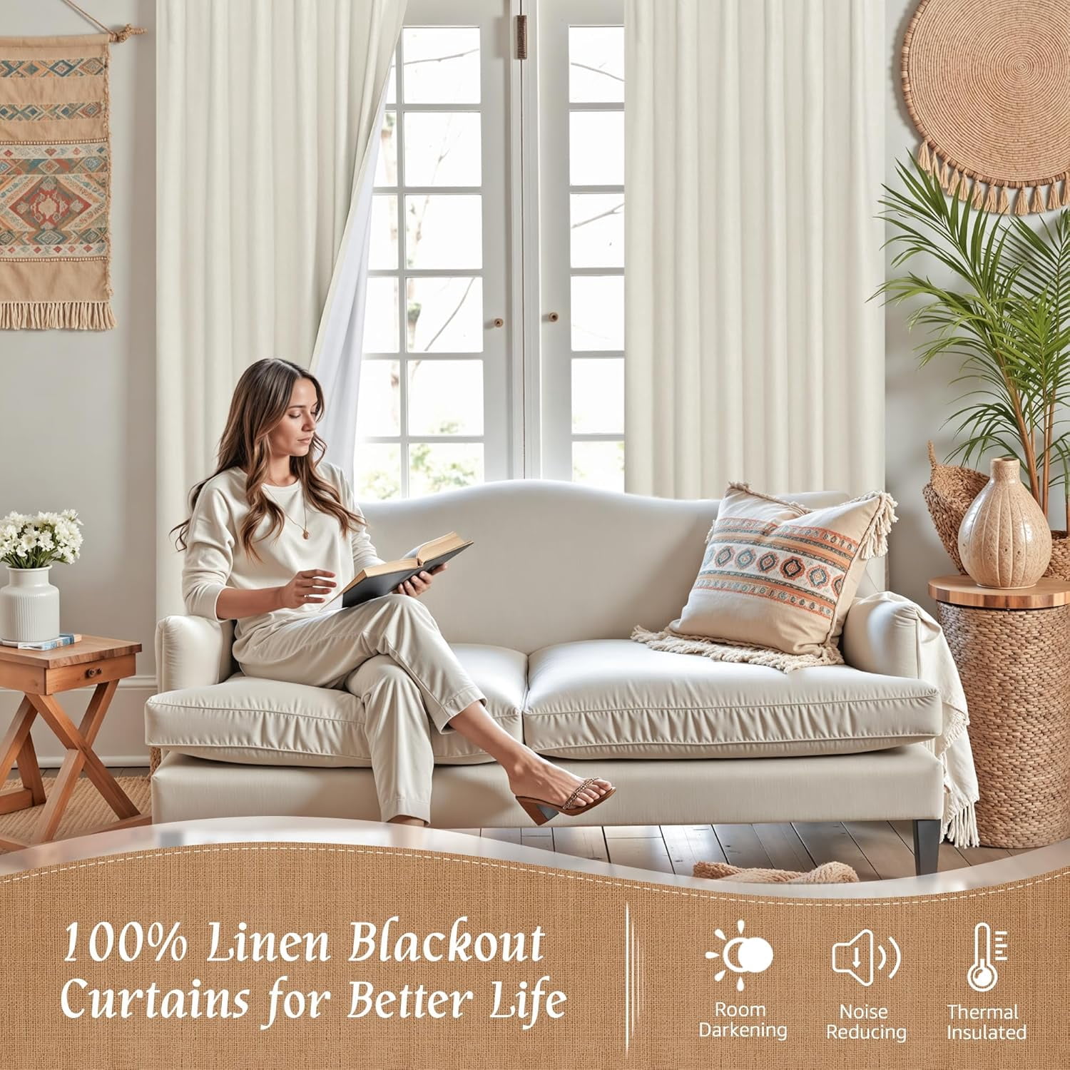 FUGee-Natural 100% Blackout Linen Curtains, 45 Inches Linen Textured ...
