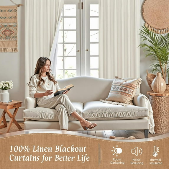 FUGee-Natural 100% Blackout Linen Curtains, 54 Inches Linen Textured ...