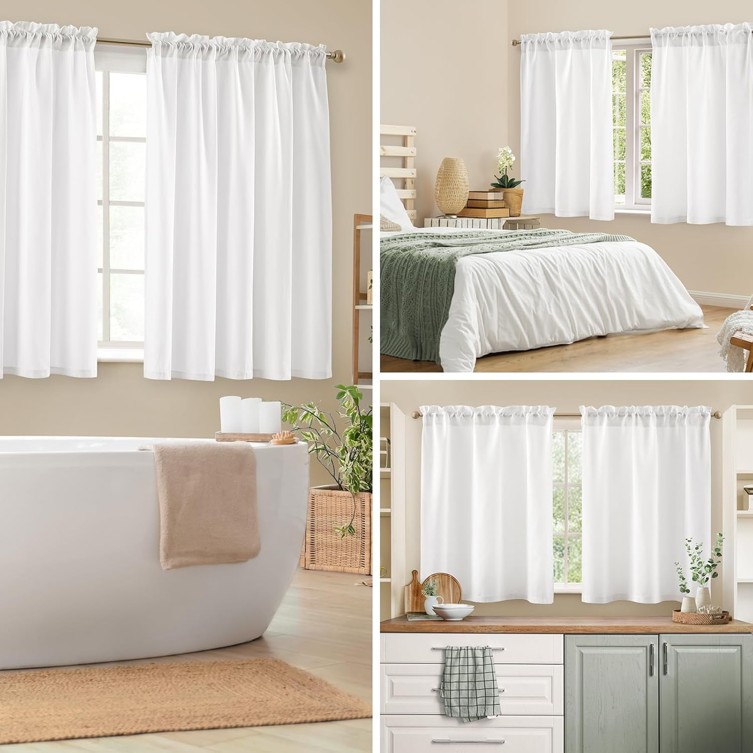 FUGee-Non-See-Through Taupe Privacy Kitchen Sheer Curtains 24 Inches ...