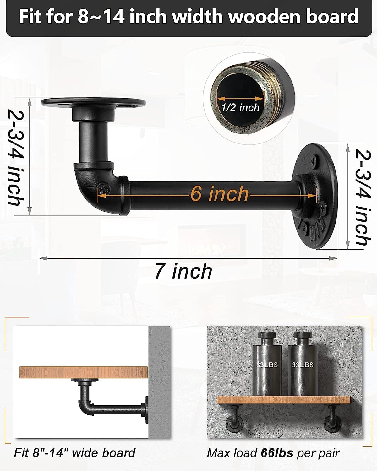 FUGee-Pipe Shelf Brackets for DIY 8 10 12 14 Inch Floating Shelves ...