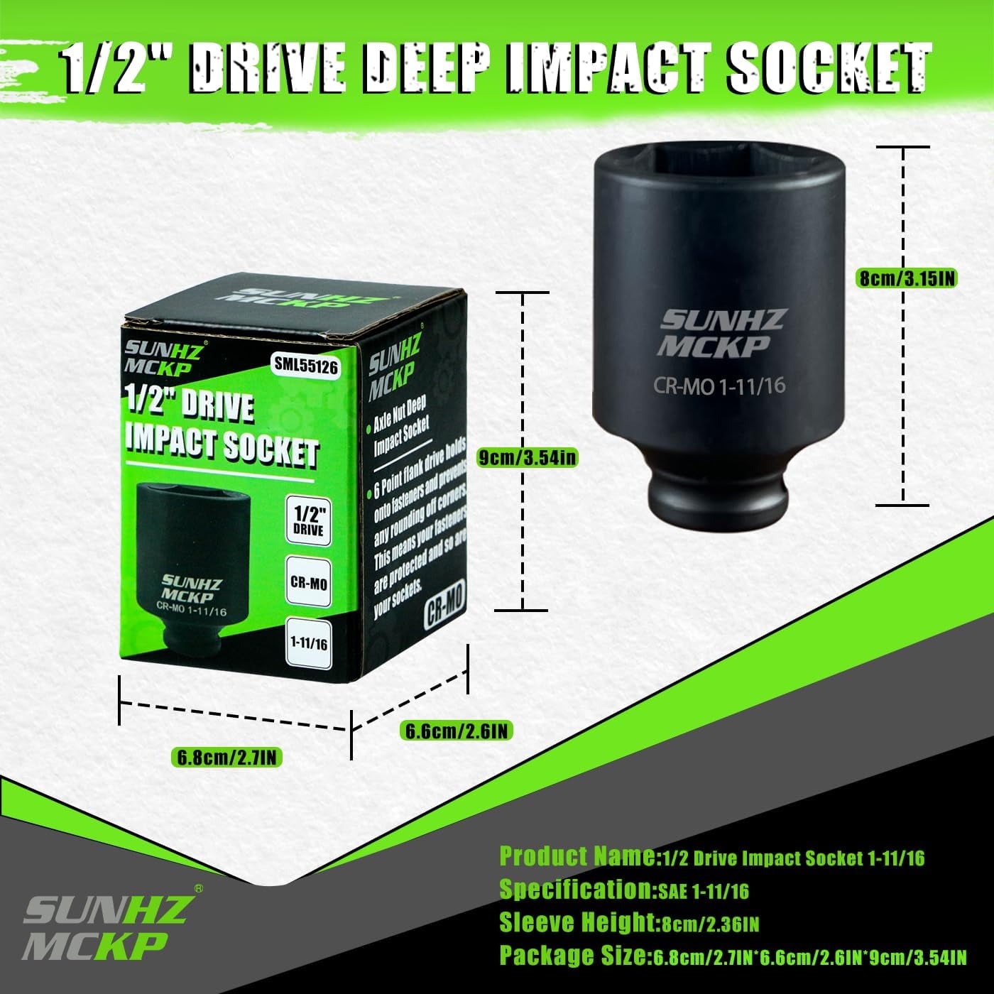 FUGee-SUNHZMCKP 1/2" Drive Impact Socket, SAE 1-11/16 In Deep 6 Point ...