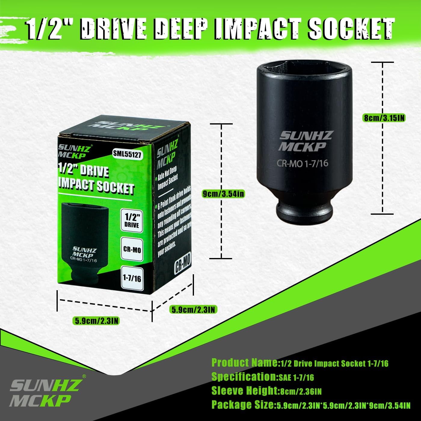 FUGee-SUNHZMCKP 1/2 Impact Socket, SAE 1-7/16 In Deep 6 Point Socket ...