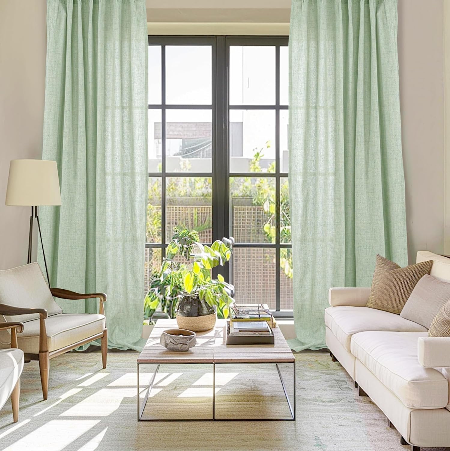 FUGee-Sage Green Linen Curtains 95 Inch Long for Living Room 2 Panels ...