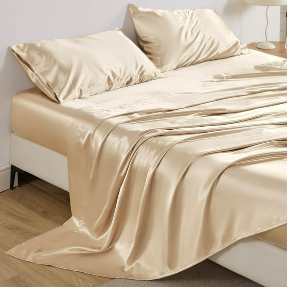 FUGee-Satin Sheets Queen Size - 4 Piece Silky Bedsheets with Elastic ...