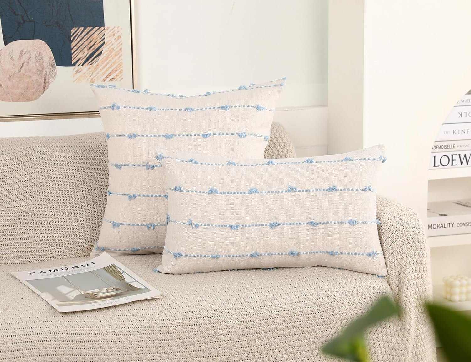 FUGee-Set of 2 Boho Lumbar Throw Pillow Covers 12x20,Light Blue Neutral ...