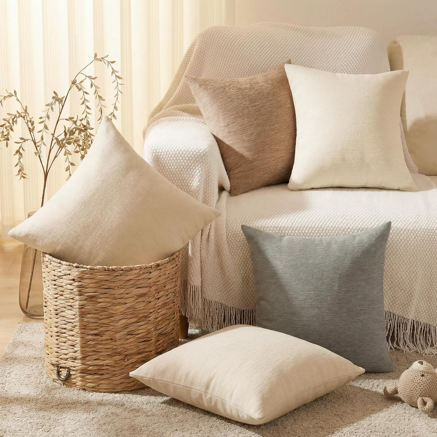 FUGee-Set of 4 Sage Green Throw Pillow Covers 18x18 Inch, Neutral Boho ...