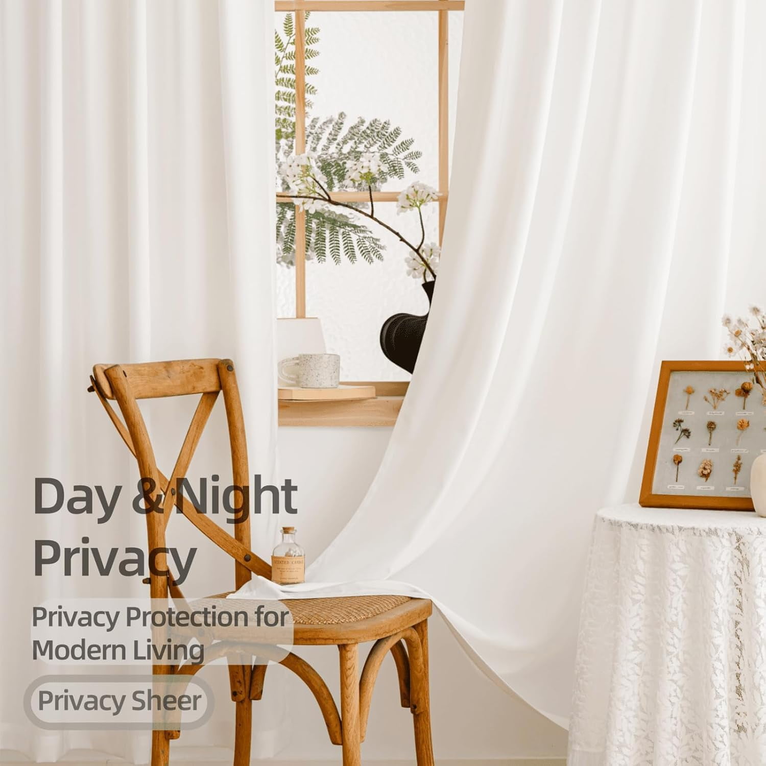 FUGee-Sheer Curtains 84 Inches Long 2 Panels Privacy White Sheer Drapes ...