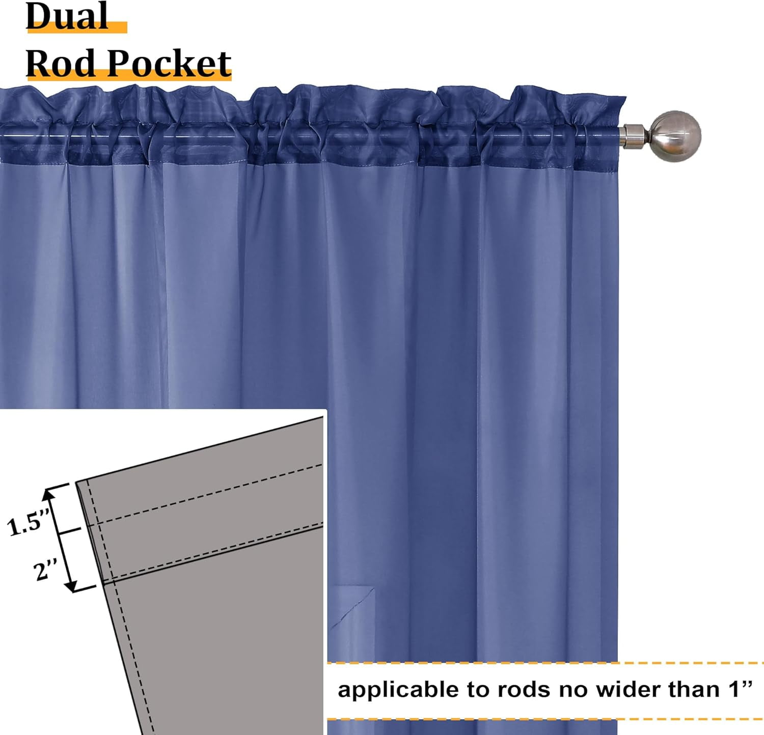 FUGee-Sheer Navy Blue Curtains 108 inch Length 2 Panels Set, Airy Soft ...