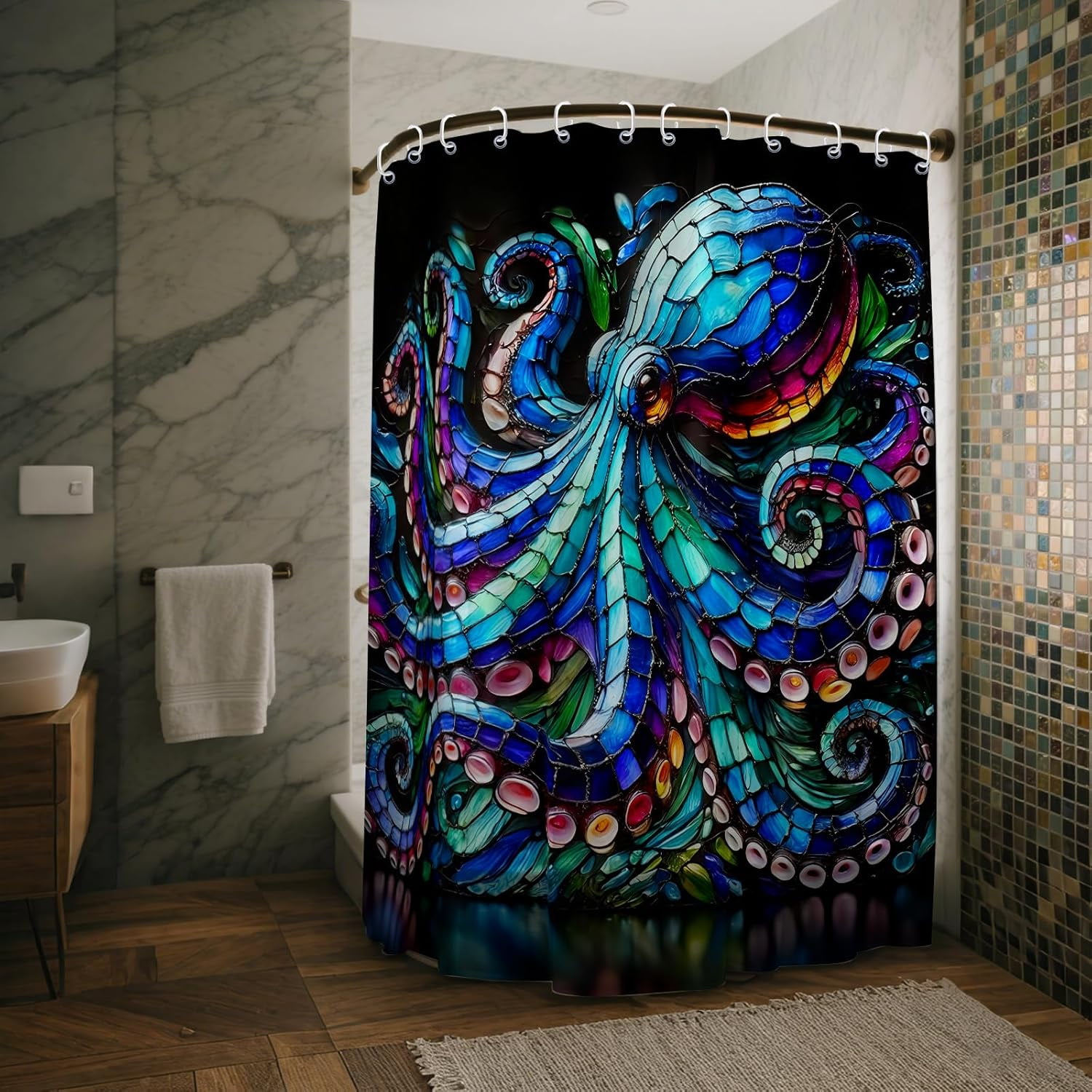 FUGee-Stained Glass Octopus Shower Curtains Barn Door Decor Polyester ...