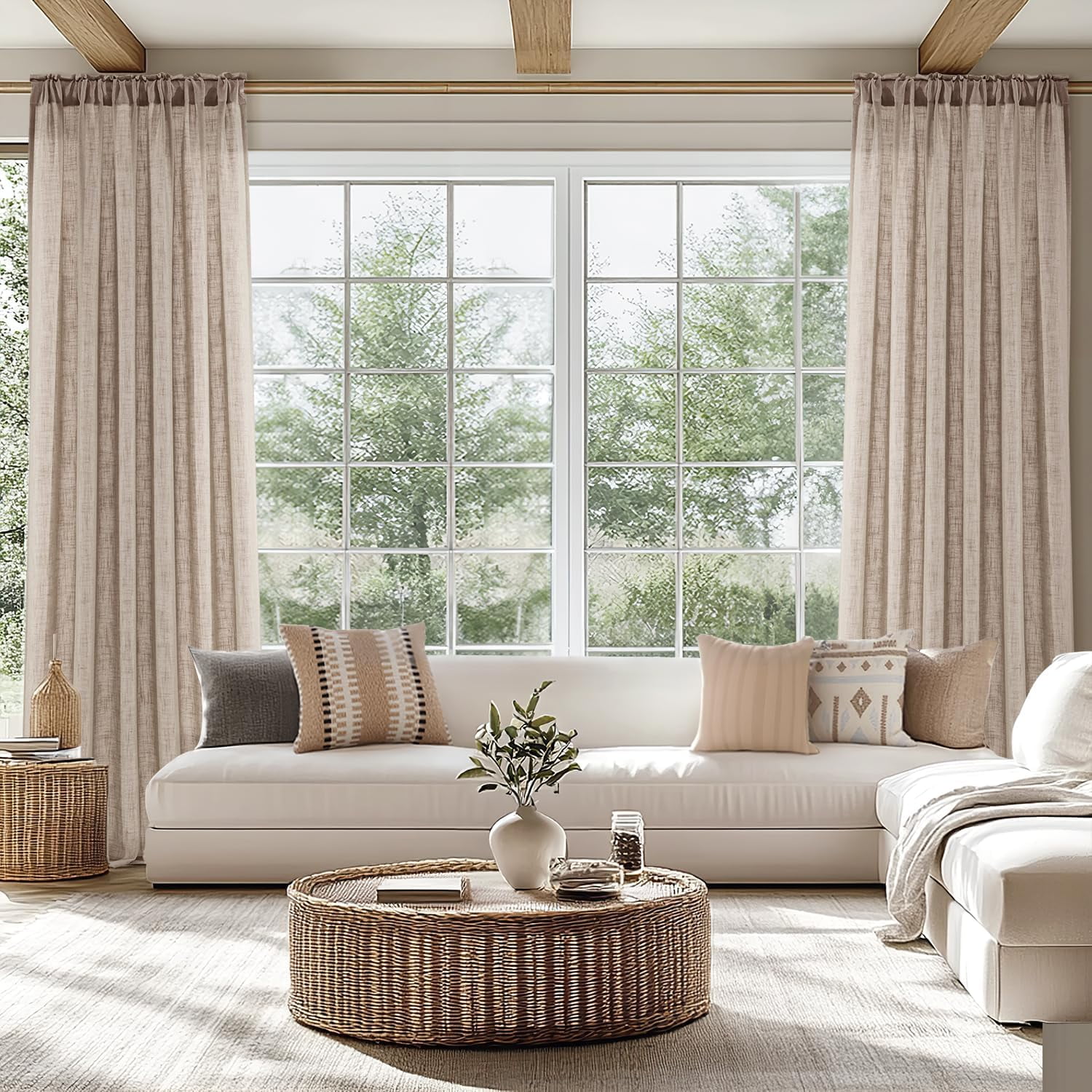 FUGee-Taupe Linen Curtains 54 Inch Length 2 Panels Set for Living Room ...