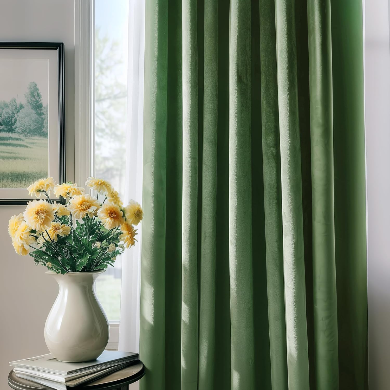 FUGee-Velvet Blackout Curtains Sage Green Thermal Insulated Curtains ...