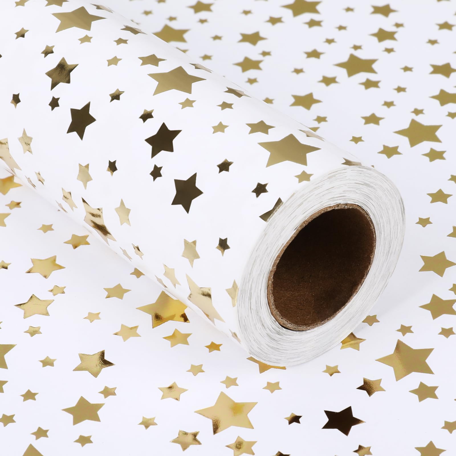 FUHITIM Wrapping Paper, Gold Foil Star Wrapping Paper Roll, White Gold ...