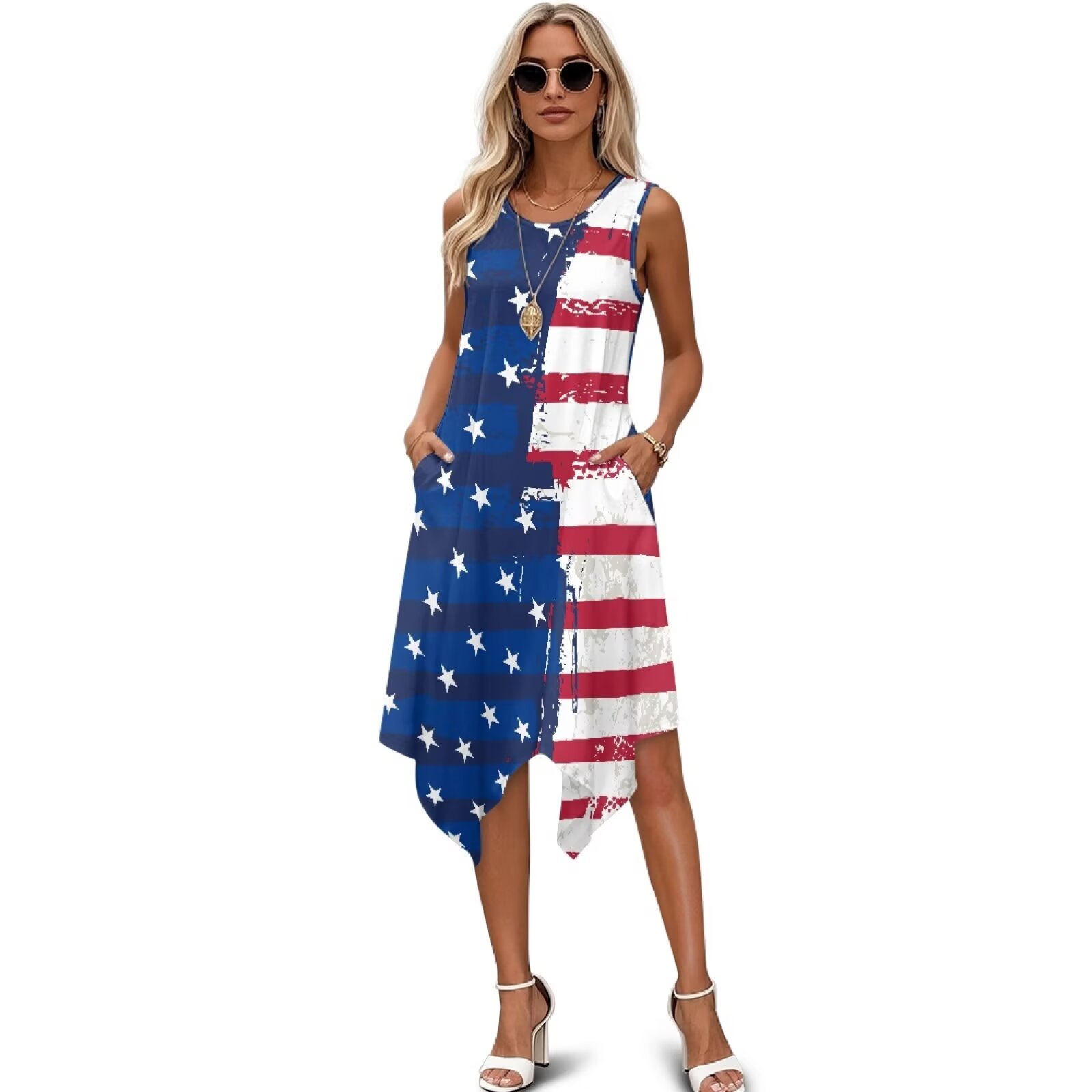 FUIALDOLG American Flag Dresses Summer Sleeveless Sundress with Pocket ...