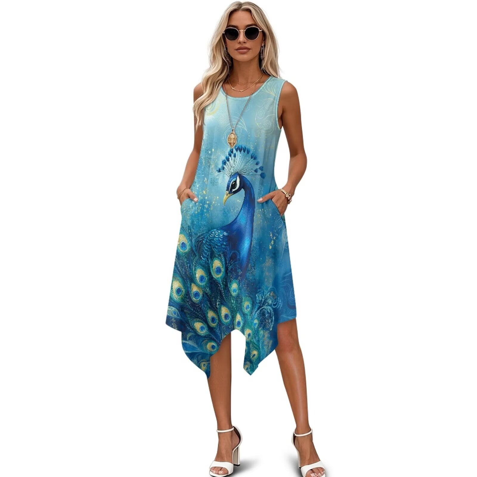 FUIALDOLG Blue Peacock Women's Midi Dress Summer Casual Sleeveless ...