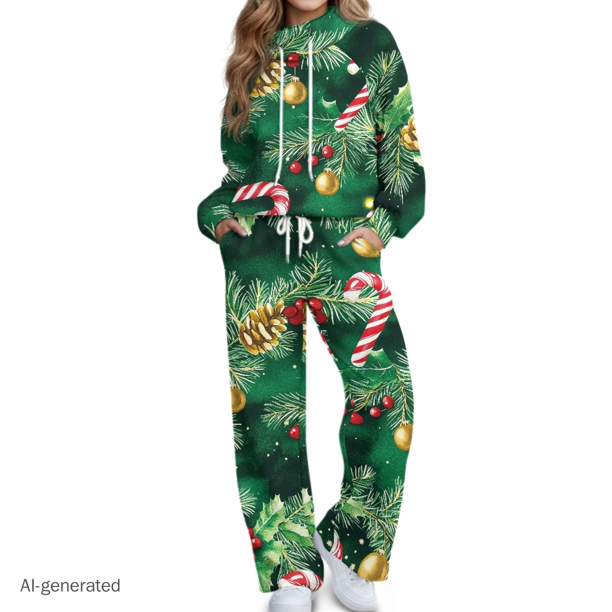 FUIALDOLG Candy Cane Pine Cone Pattern Lounge Set Drawstring Tracksuit ...