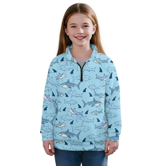FUIALDOLG Cartoon Blue Shark Athletic Hoodie Tops Girls Half Zip ...
