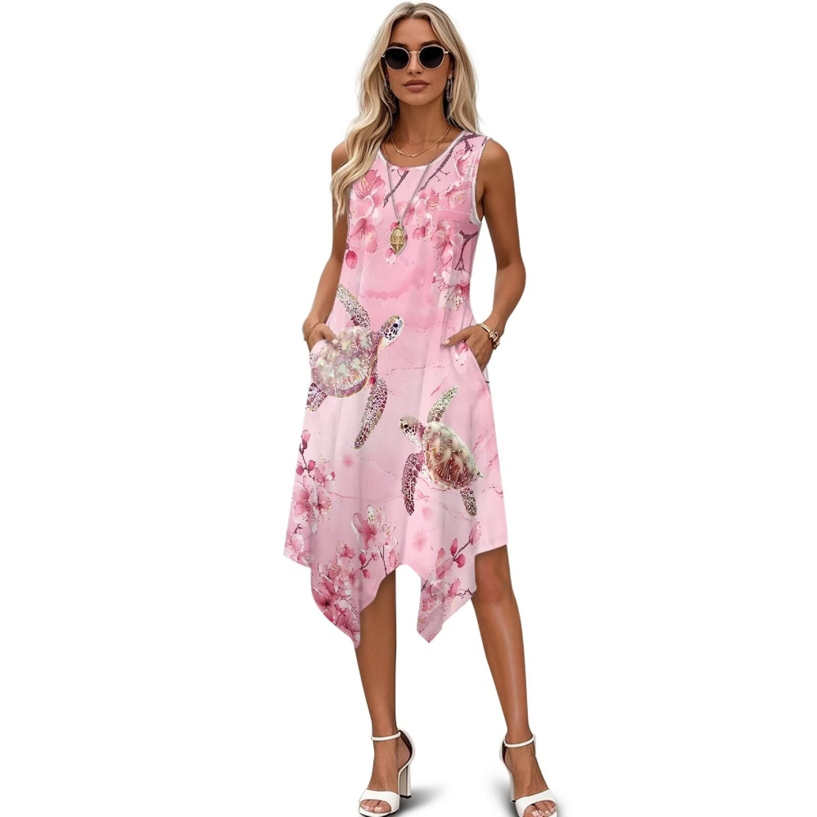 FUIALDOLG Cherry Blossom Turtle Summer Sleeveless Dress Sundress ...
