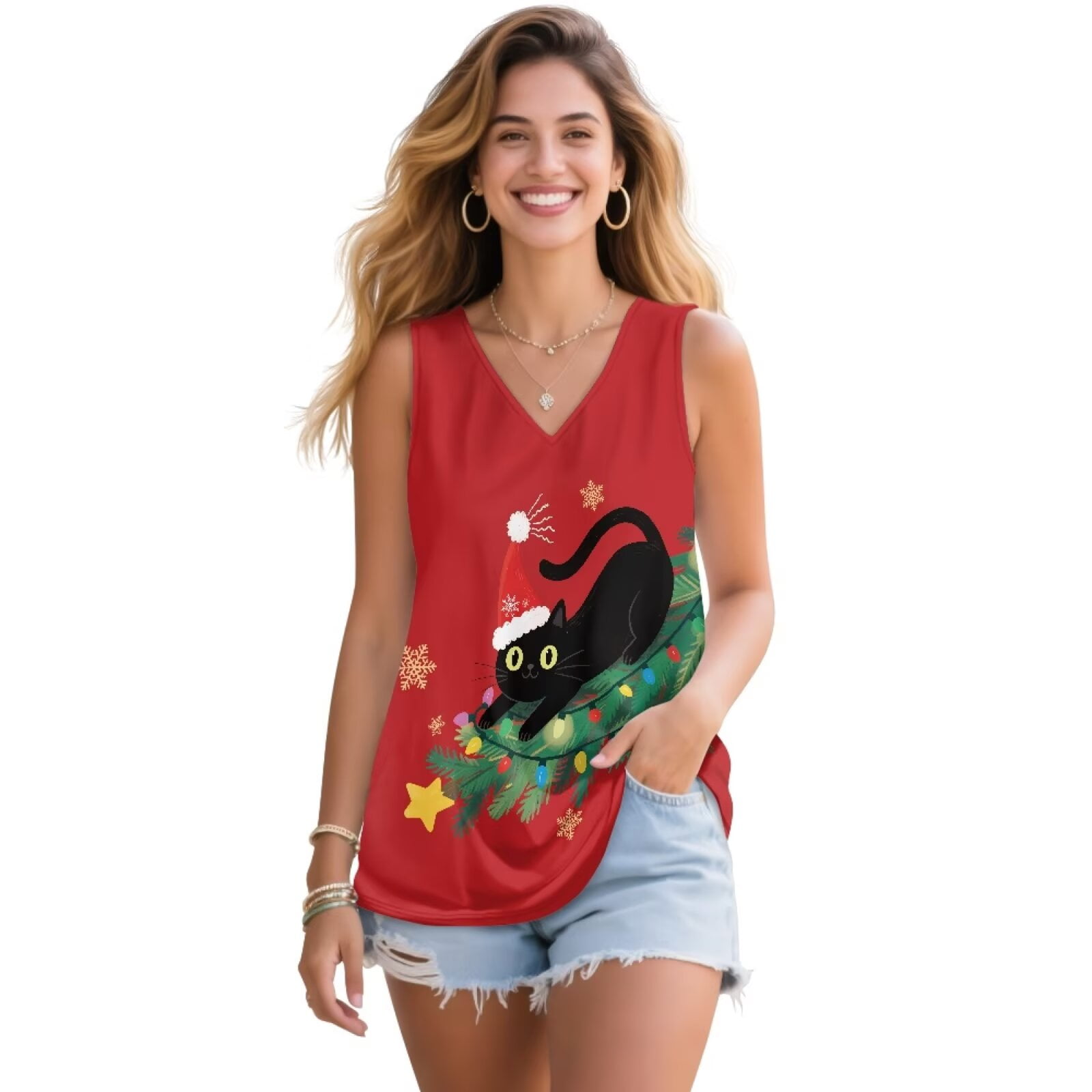 FUIALDOLG Christmas Tree Cute Cat Tank Tops for Women Casual Loose V ...