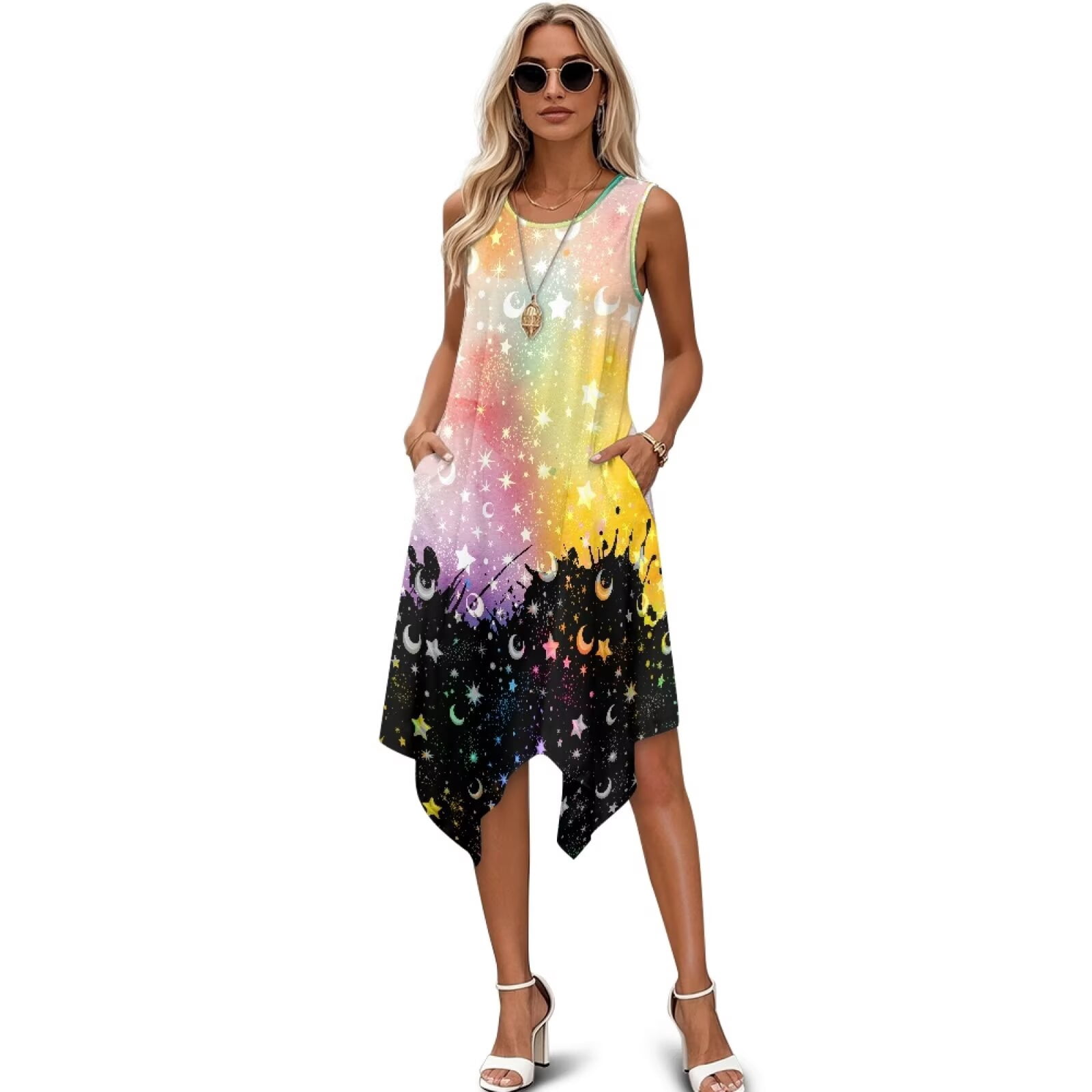 FUIALDOLG Colorful Splash Moon Stars Dresses Women's Casual Sleeveless ...