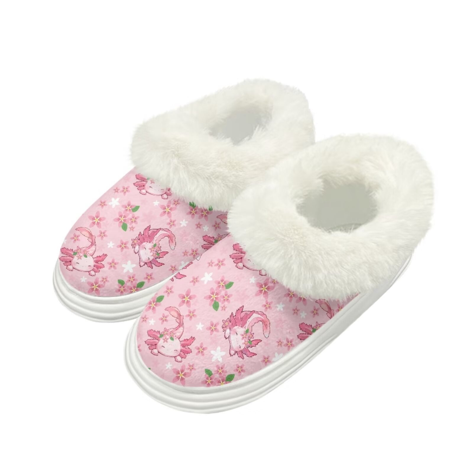 FUIALDOLG Cute Axolotl Pink Print House Slippers for Woman Fluffy Plush ...