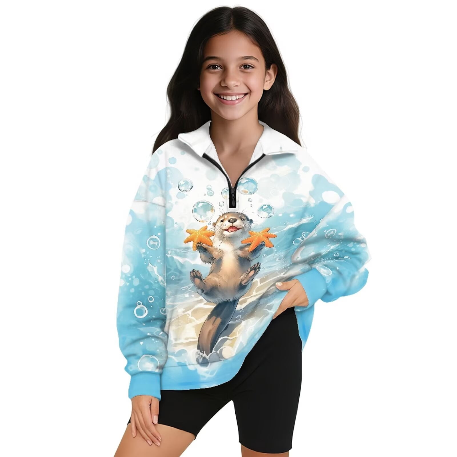 FUIALDOLG Cute Sea Otter Sweatshirt Girls Half Zip Sweatshirt Long ...