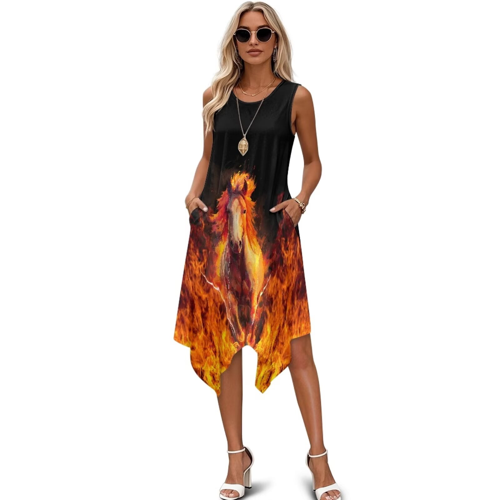 FUIALDOLG Fire Flame Horse Dress for Women Lady Casual Irregular Hem ...