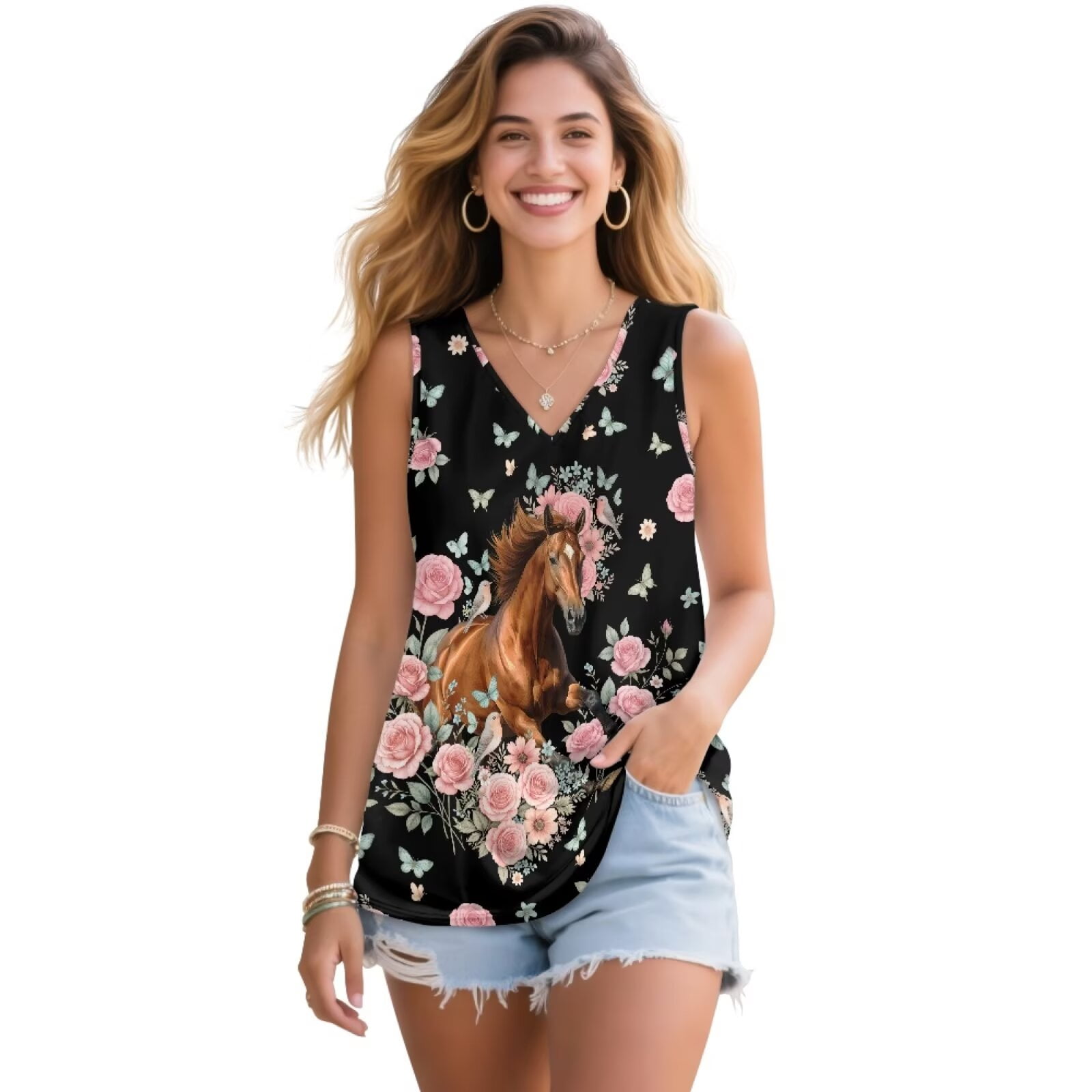 FUIALDOLG Flower Horse Tank Tops for Women Y2K Tops Lady V Neck ...