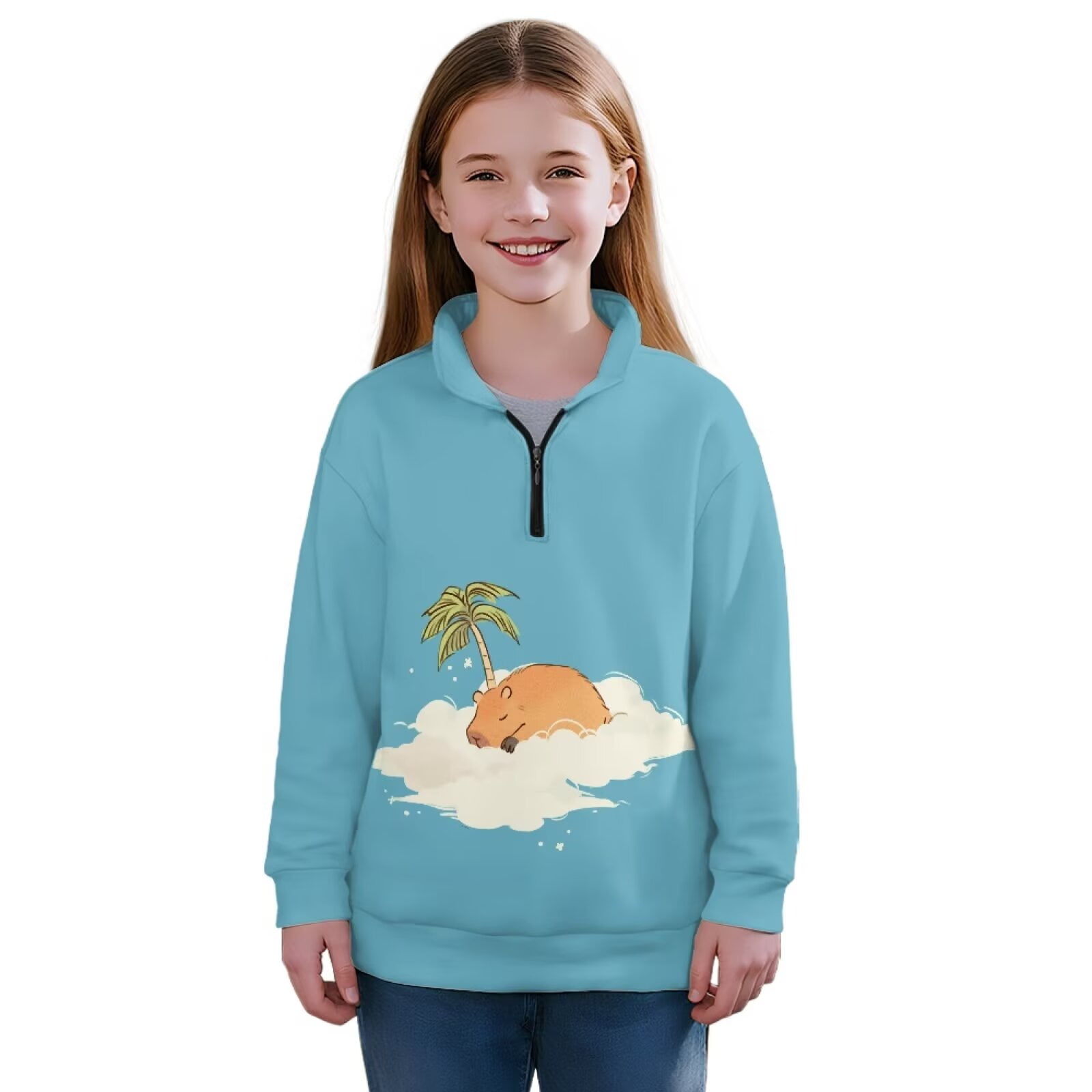 FUIALDOLG Girl's Capybara Hoodie Sweatshirt Cartoon Half Zip Sweatshirt ...