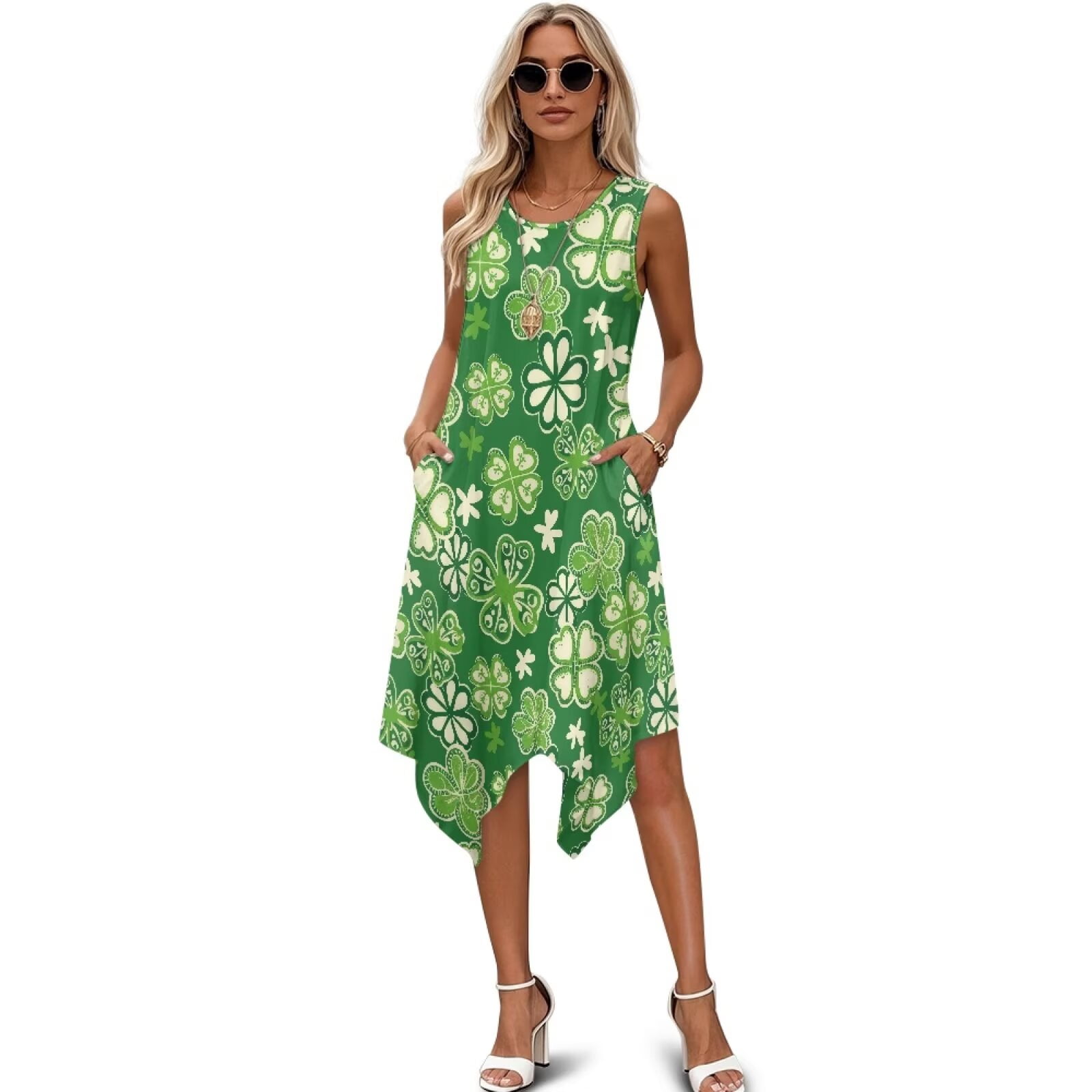 FUIALDOLG Green Leaf Sun Dress Trendy Womens Sleeveless Sundresses with ...