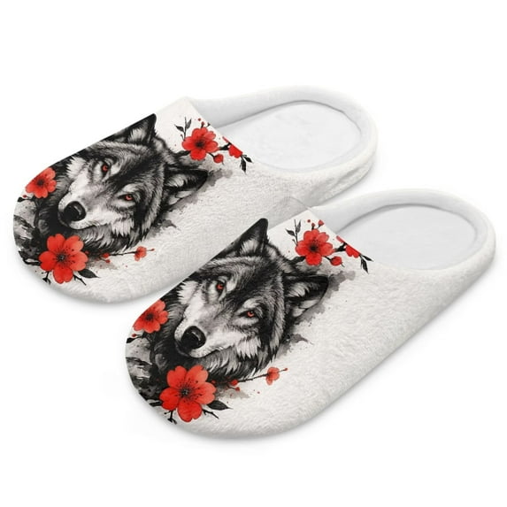 FUIALDOLG Grey Wolf Blossom Print House Slippers for Women Indoor ...